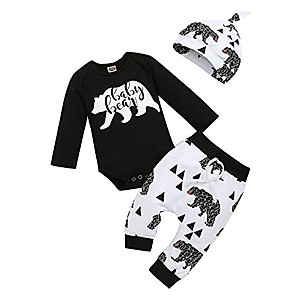 Newborn Baby Boys Romper 3PCs Set Clothes Infant Baby Bear Bodysuit Pants Hat Fall Winter Outfits Stuff Set 3-6M