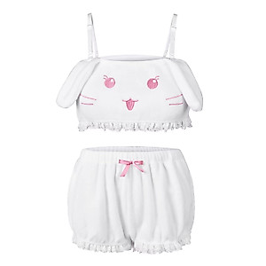 Landofgenie Kawaii Anime Cute Pajamas Set for Women Sweet Lovely Velvet Tube Top and Shorts Sleepwear Suits White XS