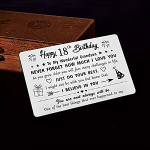 FALOGIJE 18th Birthday Card Gifts for Grandson, Birthday Gifts for 18 Year Old Grandson, Engraved Metal Wallet Card