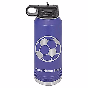LaserGram 32oz Double Wall Flip Top Water Bottle With Straw, Soccer Ball, Personalized Engraving Included (Dark Purple)