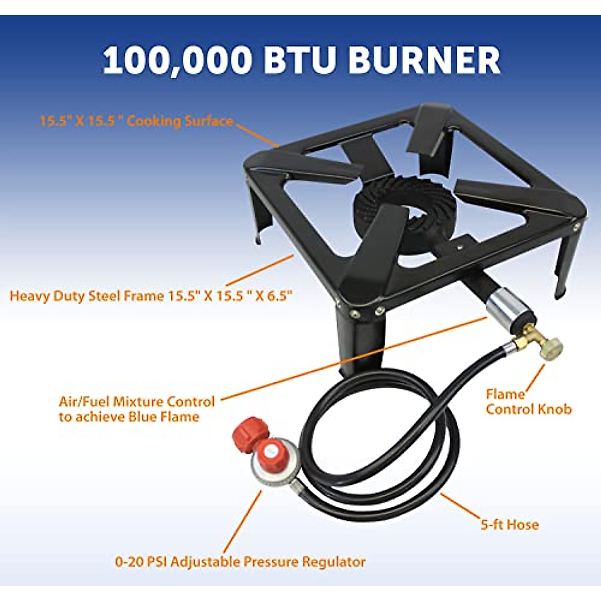 Flame King Heavy Duty 100,000 BTU, 0-20 PSI, Turkey Fryer Single Propane Burner Bayou Cooker, Outdoor Stove for Home Brewing, Maple Syrup Prep, Cajun Cooking