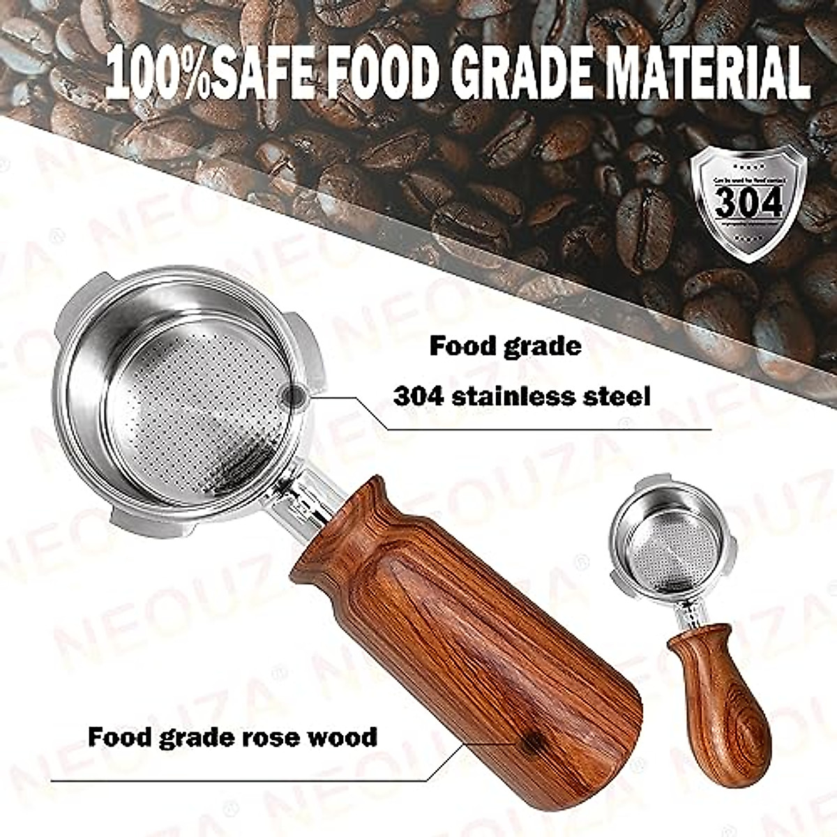 NEOUZA 51mm Espresso Portafilter Compatible with DeLonghi Dedica EC685 Coffee Machine,Mini Wood Handle,Non-pressurized Basket,Double Spouts (H1 Handle)