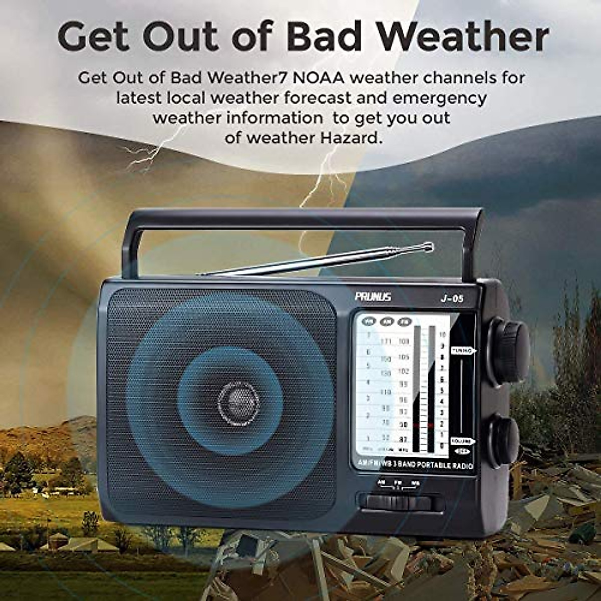 NOAA Weather AM FM Portable Radio with Best Reception, Transistor Radio, Battery Operated Radio by 3X D Cell Batteries or AC Power for Household & Outdoor, Plug in Wall by PRUNUS