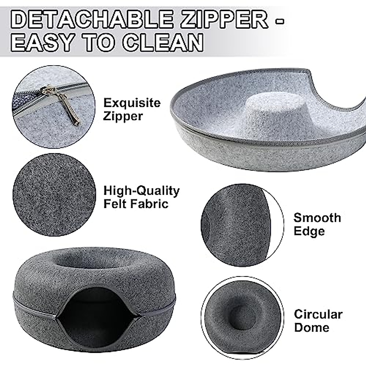Bininl Cat Tunnel,Peekaboo Cat Cave Bed for Indoor Cats,Cat Donut Tunnel for Pet Cat House,Detachable Round Cat Felt & Washable Interior Cat Play Tunnel(24 Inch, Dark Grey)