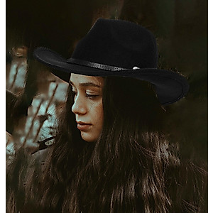 Western Felt Cowboy Cowgirl Hat - Wide Brim Panama Jazz Fedora Hat with Floral Engraved Buckle Belt Decoration 22.4" to 22.8" Black