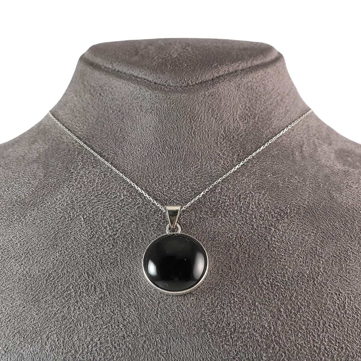 Echmeck Sterling Silver 925 Round Black Onyx 20mm Handmade Pendant Necklace with 16+2 inches Chain for Women