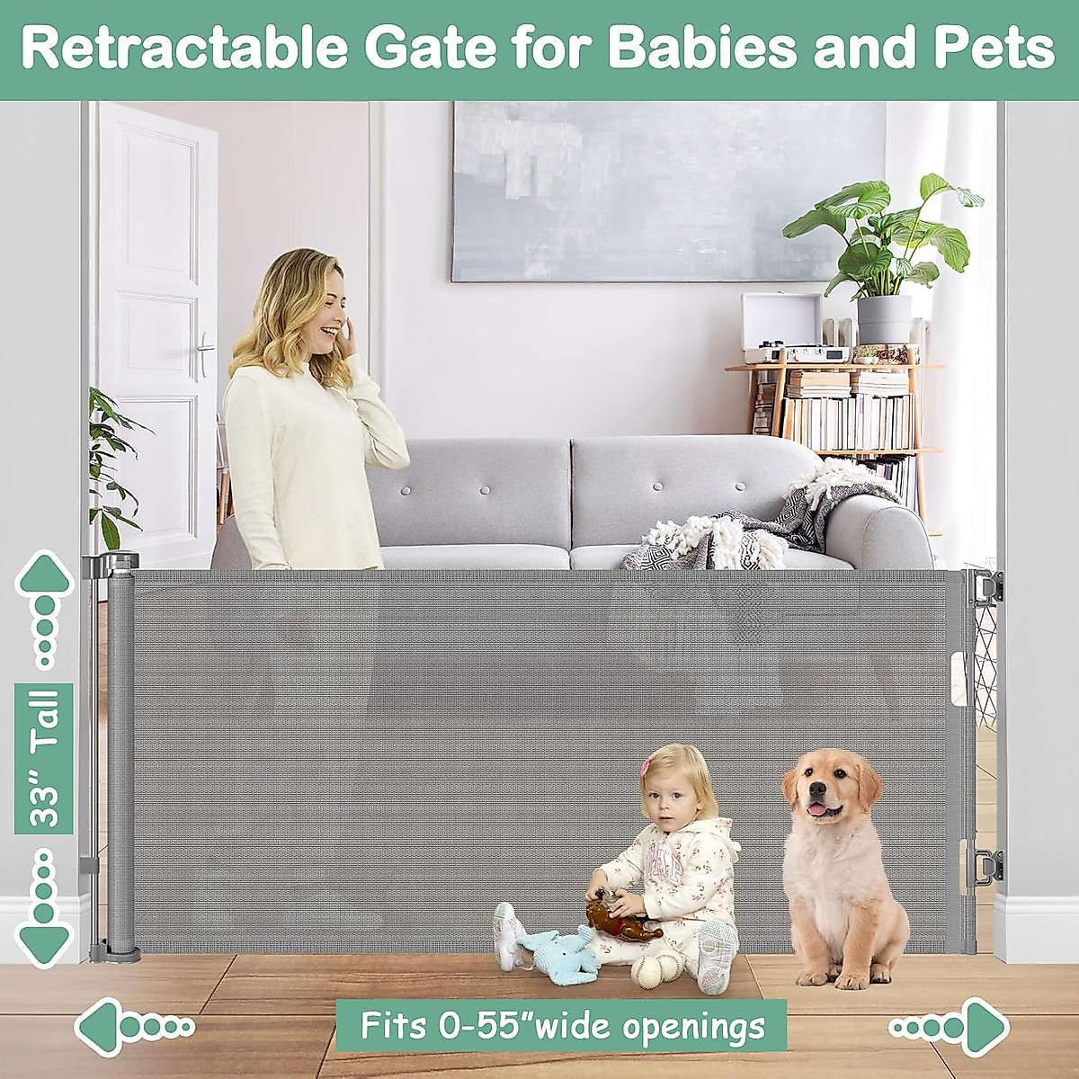 55 Inch Retractable Dog Gate Mesh Dog Gate Retractable Baby Gates for Stairs Outdoor Deck Gate Retractable Pet Gate for Dogs Indoor Toddler Gate Retractable Outdoor Gates for Deck Mesh Pet Gate (Gray)