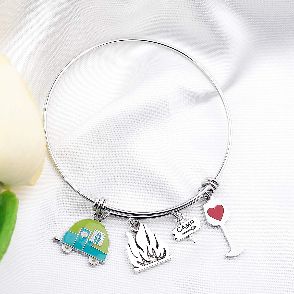 FUSTMW Travel Camper Bracelet Camping Charm Bangle RV Travel Trailer Camping Jewelry Gift for Women (Silver Bracelet)