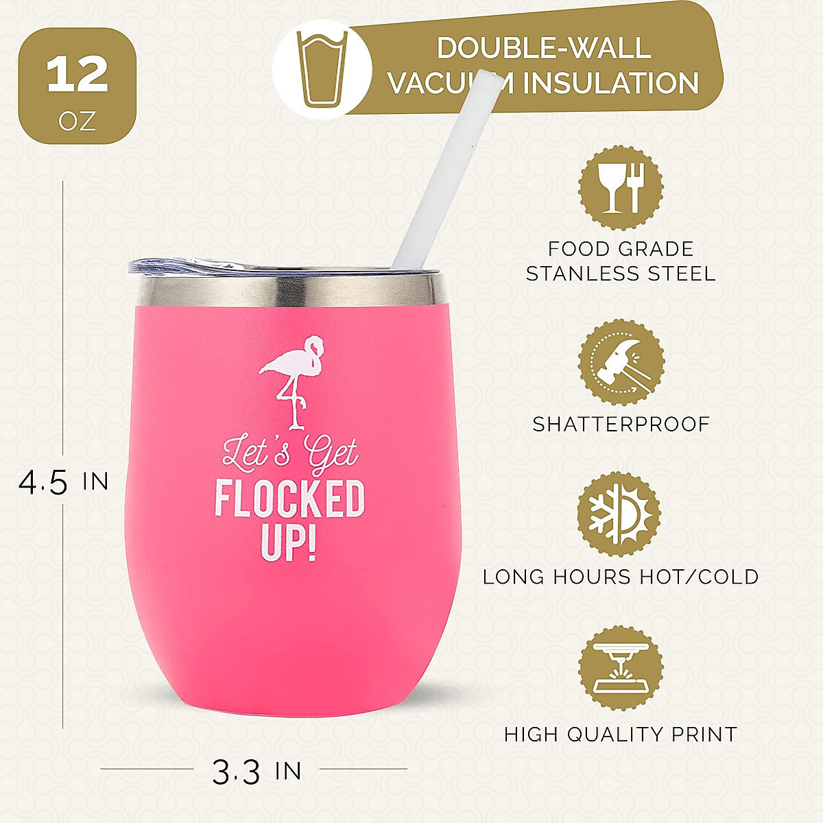 Let's Get Flocked UP! 12oz Flamingo Wine Tumbler With Lid and Straw, Flamingo Cup Perfect for Birthday Party, Bachelorette Party, and Bridal Shower Flamingo Wine Glass