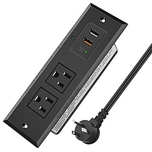 Type-C Recessed Power Socket, 20W PD Fast Charging USB-C QC3.0 3A USB-A Power Strip, Plug in 2 Outlets & 2 USB-A Ports &1 USB-C Port,Connect Flat Plug 6.5ft Extension Cord Black