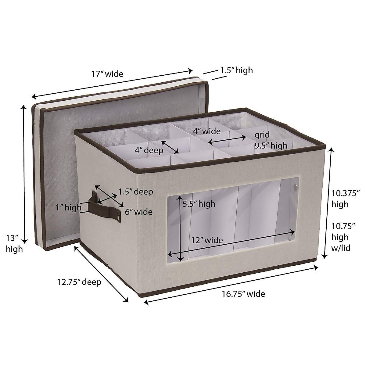 Household Essentials Natural 540 Vision Storage Box with Lid and Handles |Stemware and Glasses for Cocktails Beige Canvas with Brown Trim