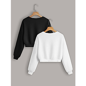 Verdusa Women's 2 Pack Long Sleeve Round Neck Crop Sweatshirt Top Black and White M