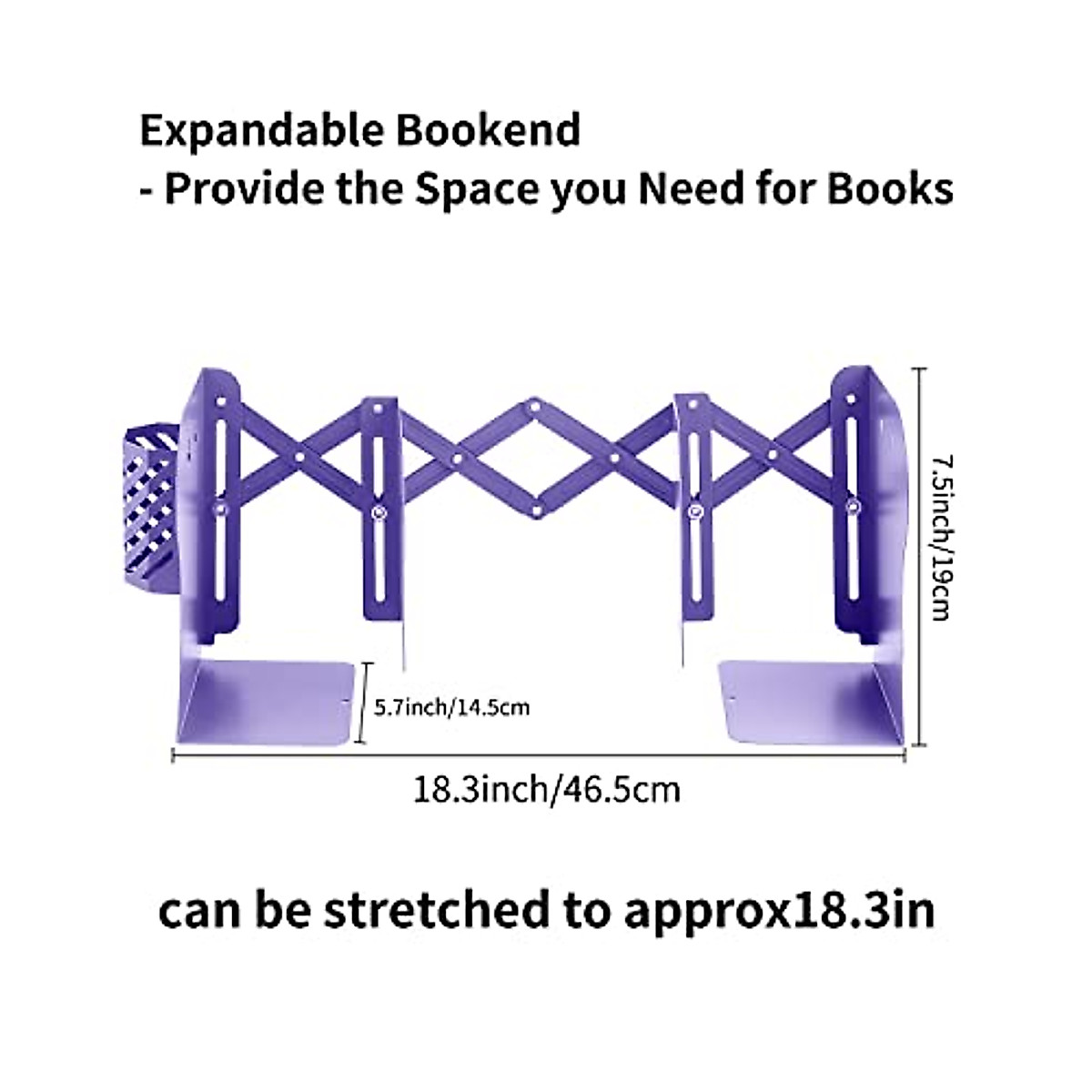 MSDADA Adjustable Bookends, Book Ends for Heavy Books, Expandable Book Organizer with Pen Holder for Desk, Shelf, Office, for 6 7 8 9-15 Boys and Girls, Extends up to 19 inches (Purple)