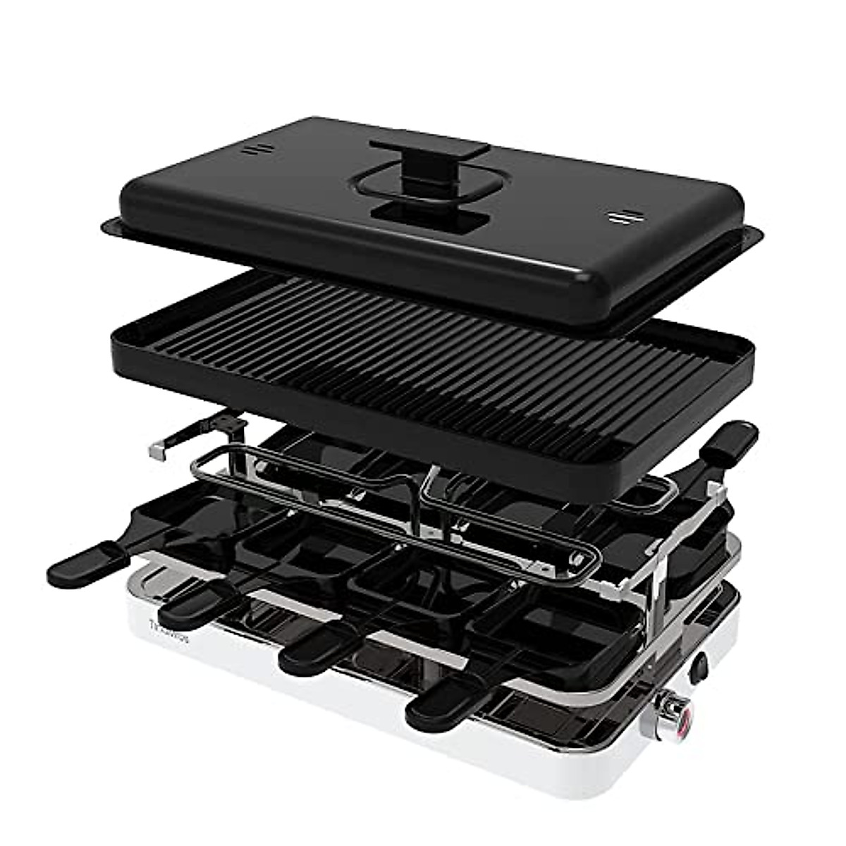 TinaMros 3 Layers with Lid 1500W Portable Non-Stick Reversible 2 in1 Electric Raclette Grill Table for 8 Paddles and Person