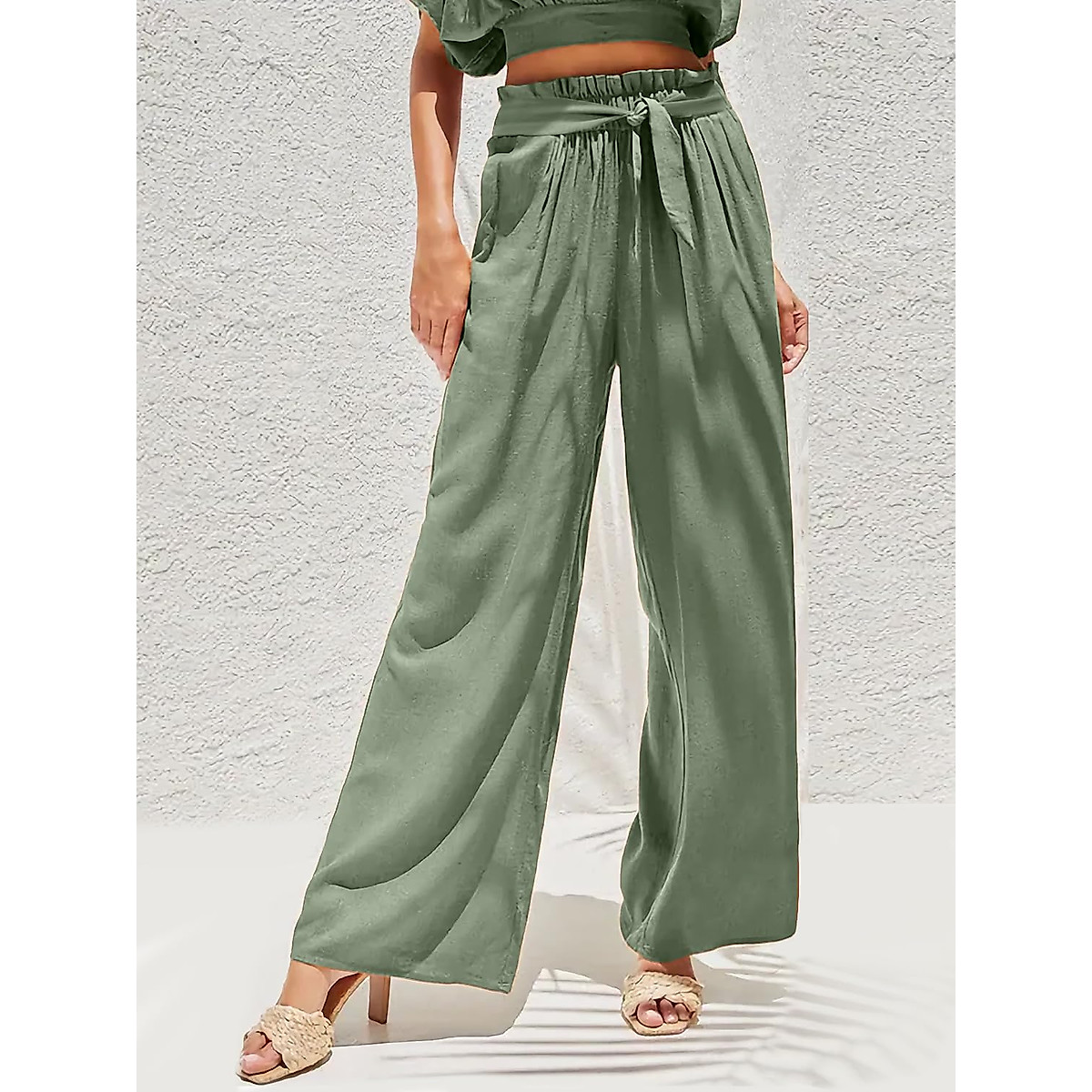 Sucolan Green Pants for Women Dressy Casual Wide Leg Pants High Waisted Business Work Pants Adjustable Tie Knot Loose Beach Flowy Palazzo Pants Sage Green L
