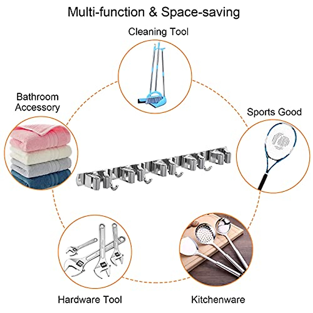 Mop and Broom Holder Wall Mount, Broom Hanger Wall Mount , 17" Mop Holder Stainless Steel with 5 Rack 4 Hooks for Home, Kitchen, Laundry Room, Garage, Garden, Bathroom, and 1 hook Separated included