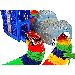 MMP Living Super Snap Speedway - Deluxe Bend and Flex Track Set with 3 Electric Cars, Tunnels, Bridge, Elevator, ramp, Track Merge and Accessories - Over 300 Pieces