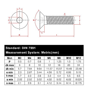 M5-0.8 x 12mm Flat Head Socket Cap Screws, Countersunk Head, DIN7991, Stainless Steel 304 (18-8), Allen Hex Drive, 50 PCS