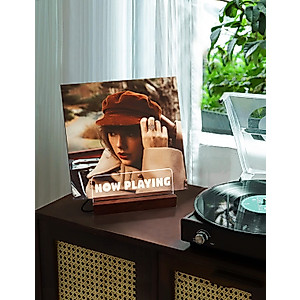POSVIU Now Playing Vinyl Record Stand - LED Lighting Display, Solid Walnut & Acrylic,Vinyl Record Holder for LP Albums, Warm Lights (Walnut)