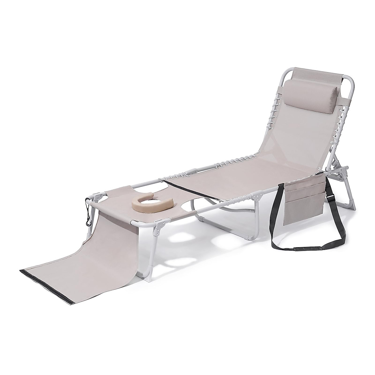 HBWHBW Tanning Chair with Face & Arm Hole- Chaise Lounge Beach Chair for Outdoor Pool, Sunbathing and Reading on Stomach- Versatile Folding Lounger for Tanning (Beige Textilene)