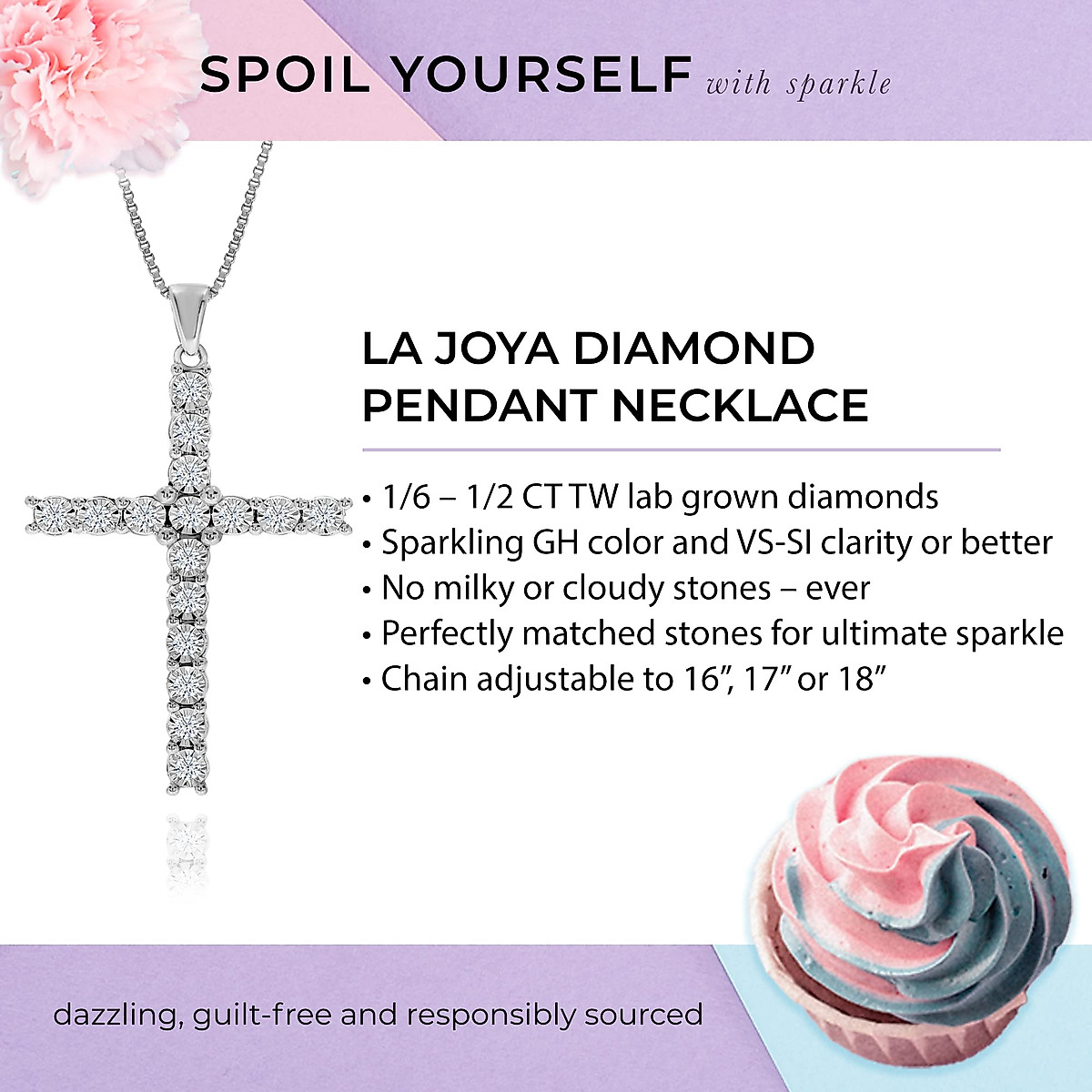 Diamond Cross Necklace For Women | 1/5 CTTW Real White Gold Plated 925 Sterling Silver Lab Created Diamond Necklace Pendant | Ideal Gift for Ladies