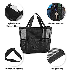 F-color Mesh Beach Bag Family - Beach Tote 9 Pockets Beach Towel Bag, Black