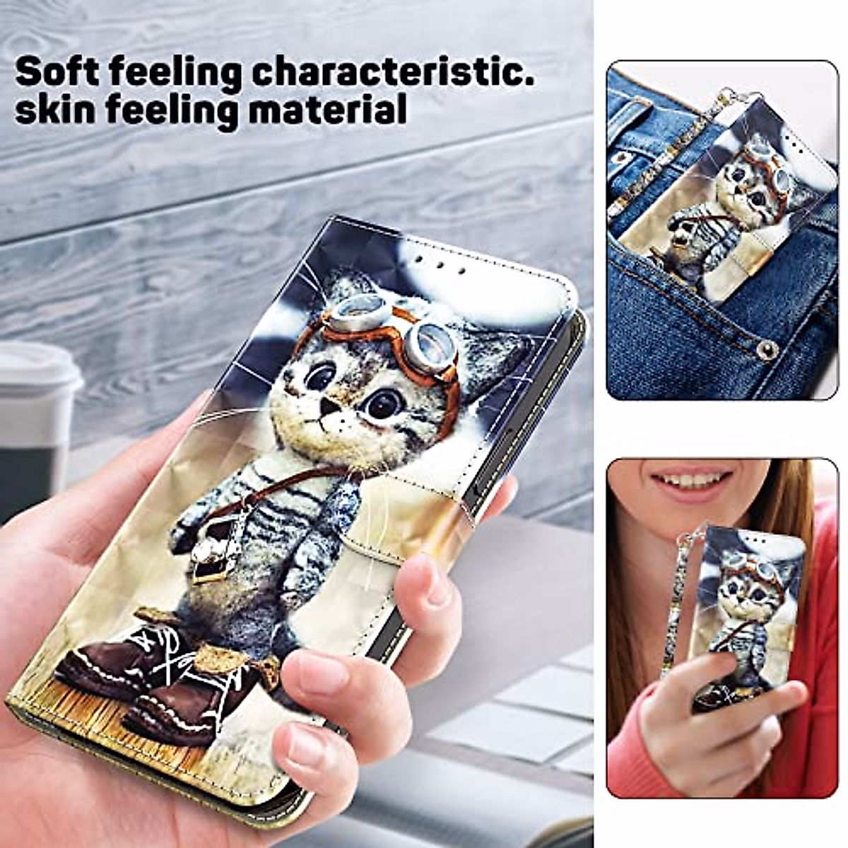 ALILANG Phone Case for Oppo A17 Case, Magnetic Stand Flip PU Leather Cover with Card Holder Protective Shockproof for Oppo A17 Wallet Case-Naughty Cat