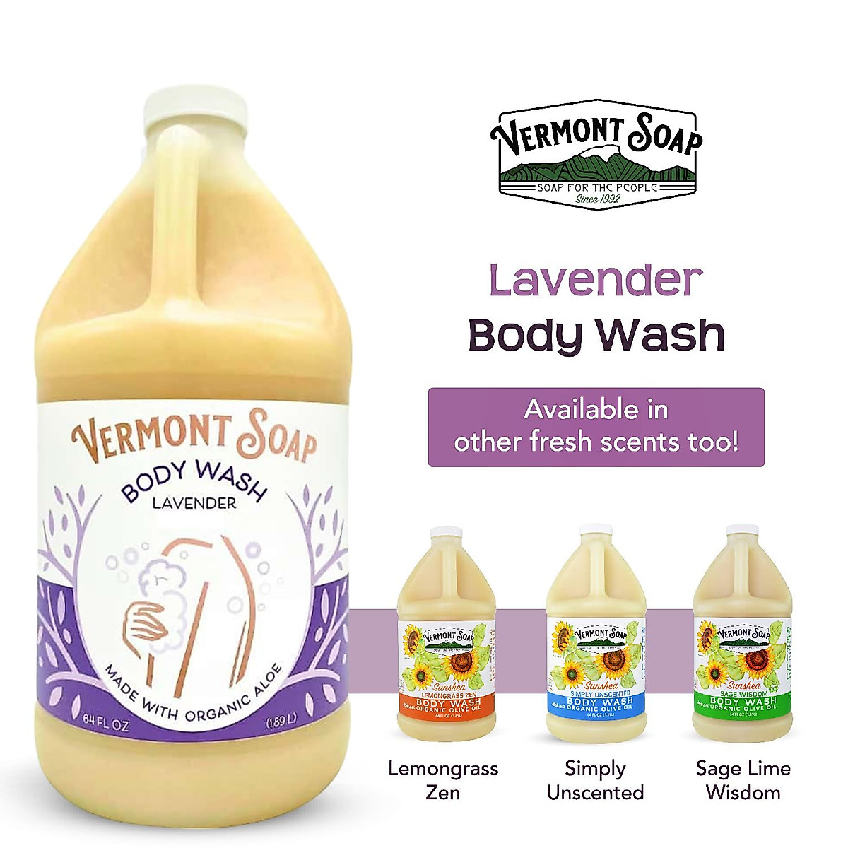 VERMONT SOAP Natural Body Wash with Shea Butter, Mild Gel Body Wash for Moisturizing and Soothing Skin, Fragrance Free Body Wash for Women & Men (Lavender, 64oz)