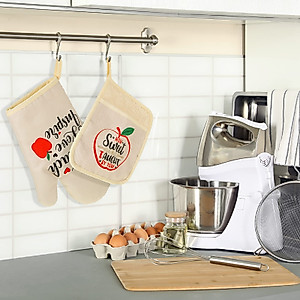 Teacher Gifts 4 Packs Teacher Appreciation Gifts for Women Men Funny Oven Mitts and Pot Holders Sets Kitchen Mittens and Pot Holder Set with Hand Pocket and Hanging Loop Back to School Teacher Gift