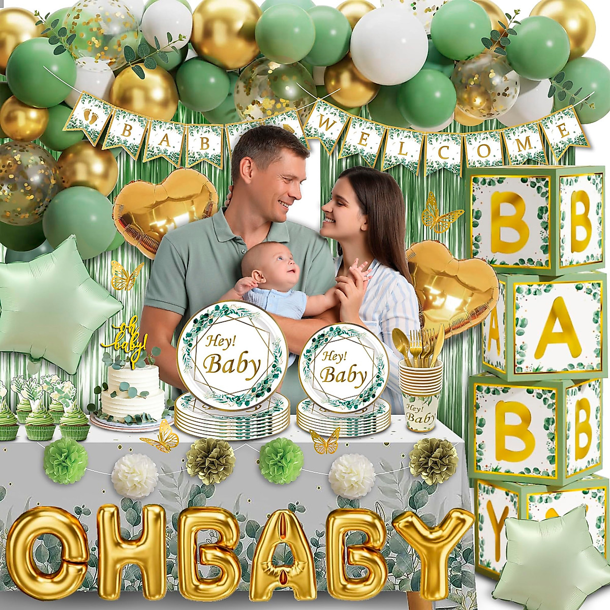Sage Green Baby Shower Decorations,All In One Set,Neutral Baby Shower Supplies Kit, With 4 Balloon Blocks,12 Tableware Sets, Disposable Plates, "OH BABY" Balloons,Sage Baby Shower Tablecloth, Toppers