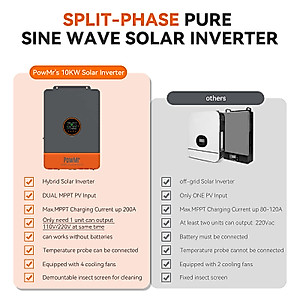 Split-Phase Solar Inverter 10000W 48V to 120V/240V, UL1741 10K Pure Sine Wave Power Inverter Built-in 200A MPPT Controller and 120A AC Charger, for Lead Acid Lithium Battery and Batteryless Run