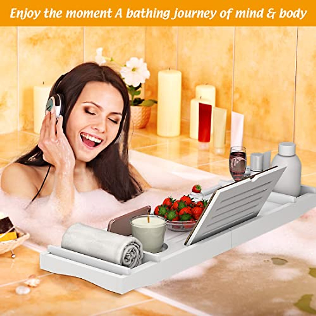 Bamboo Bathtub Tray Bath Tub Caddy with Expandable Handles Wine Glass Phone Holder Book Stand for Bathroom White