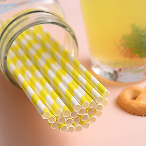 YAOSHENG Paper Straws for drinking, 100 Pack Yellow Striped paper straws for Party Supplies,Birthday,Wedding,Bridal/Baby Shower,Juice, shakes,Smoothies,cocktail