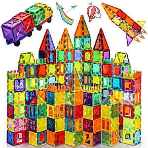 Meuzhen 120Pcs Magnetic Tiles with 2 Cars Toy Set, Diamond Magnet Tiles 3D Building Blocks, Toddler Montessori Toys for 3 4 5 6 Years, STEM Preschool Kids Sensory Educational Toys Gift for Boys Girls