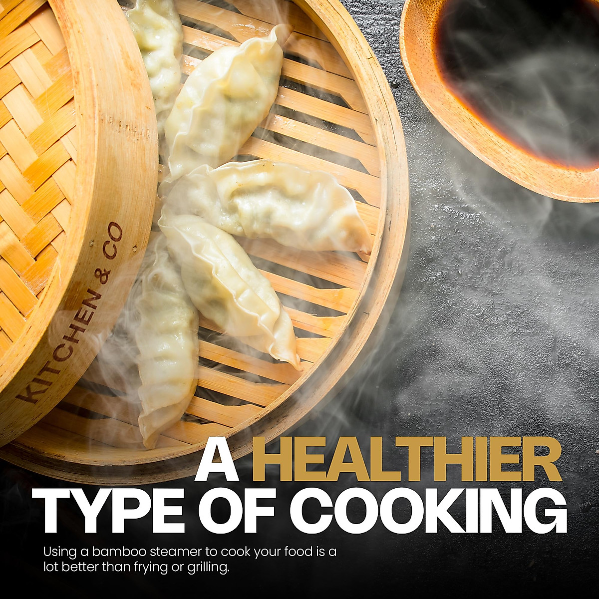 KITCHEN & CO 10-inch Dumpling Bamboo Steamer- Complete Set of 2 Tier Bamboo Steamer Basket 2 Chopsticks, 1 Rolling Pin, Ceramic Dish & More-Bringing Tradition to Your Table, One Steamed Dish at a Time