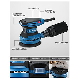 Dong Cheng 5-Inch Random Orbital Sander 380W 12800OPM Electric Palm Sander, 6 Variable Speeds, with 20pcs Sandpaper & Detachable Dust Bag, Power Sander for Woodworking, Sanding & Polishing