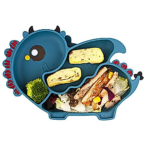 Qshare Toddler Plate, Portable Baby Plates for Toddlers and Kids, BPA-Free Strong Suction Plates for Toddlers, Dishwasher & Microwave Safe Silicone Placemat 9x6x1.5 inch Flydino-Lake Blue