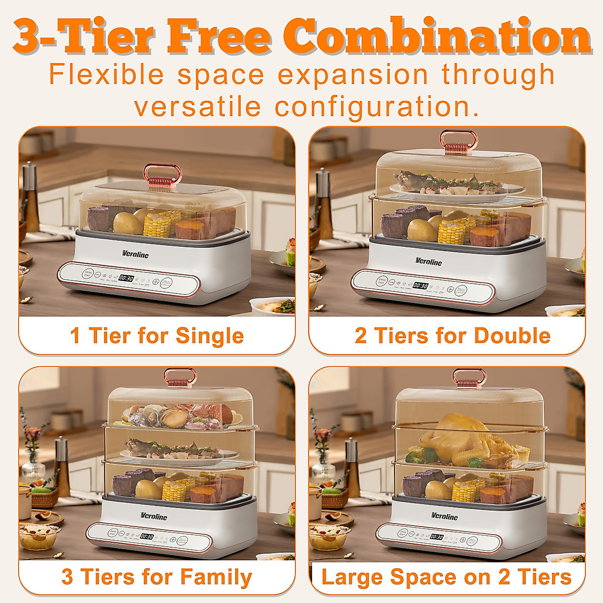 Veroline Electric Food Steamer for Cooking, 15QT Vegetable Steamer with 3-Tier Stainless Steel Trays, 1200W Electric Steamer for Fast Simultaneous Cooking, 24H Delay Start, Auto Shut-Off, BPA-Free