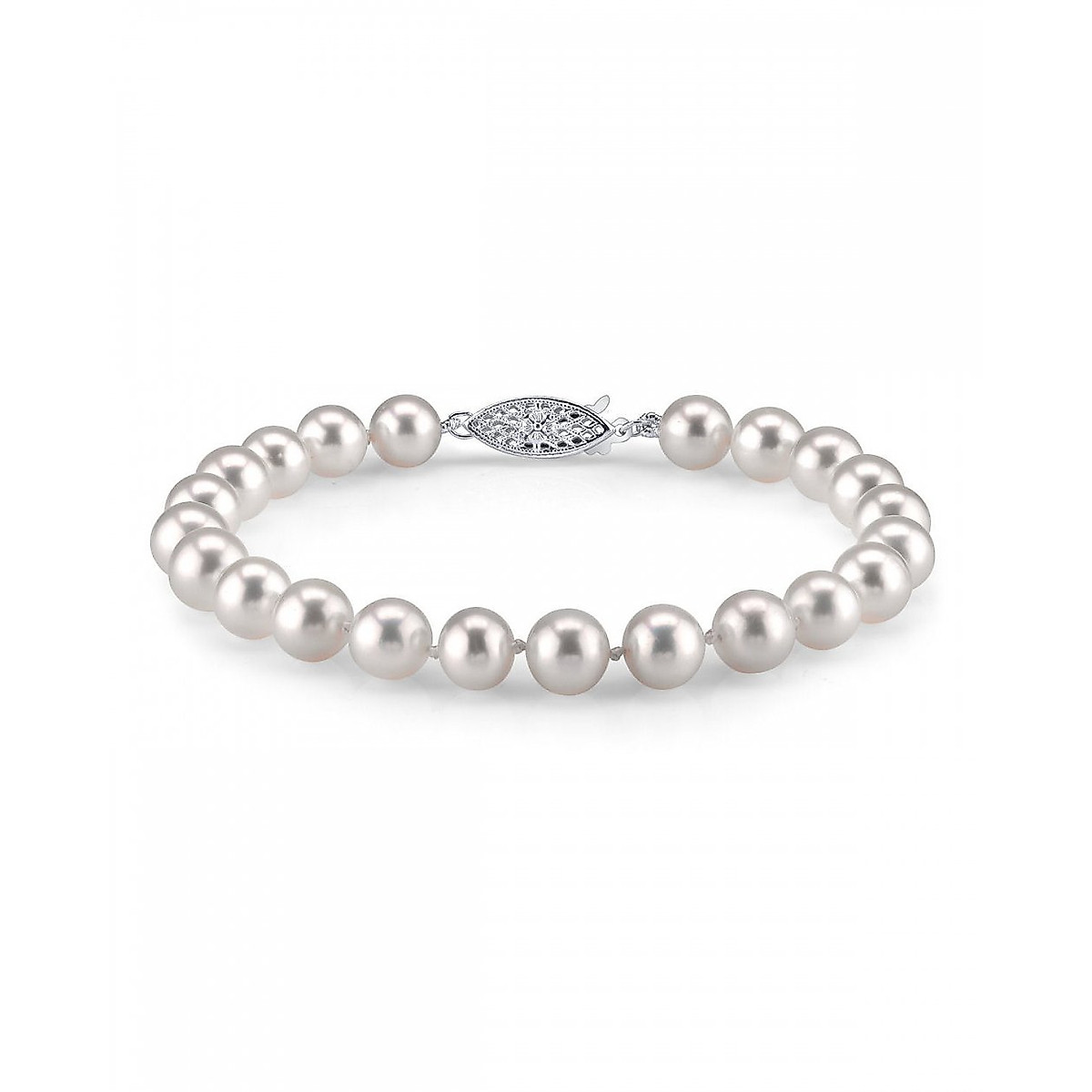 The Pearl Source 14K Gold 8-9mm AAA Quality Round White Freshwater Cultured Pearl Bracelet for Women