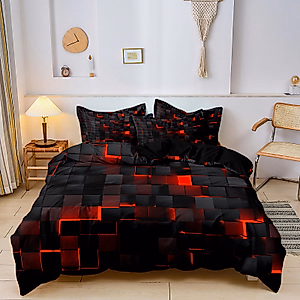 ZIRANSHU King Size Quilt Cover, Red and Black Grid Printed Quilt Personalized Geometric Square Grid Bedding Set for Adult Kids Boys Girls Comforter Duvet Cover Set (1 Duvet Cover + 2 Pillowcase)