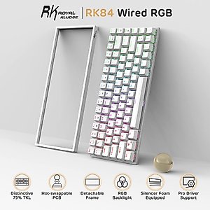 RK ROYAL KLUDGE RK84 Wired RGB 75% Hot Swappable Mechanical Keyboard, 84 Keys Tenkeyless TKL Gaming Keyboard w/Programmable Software and High-Capacity Battery, RK Blue Switch
