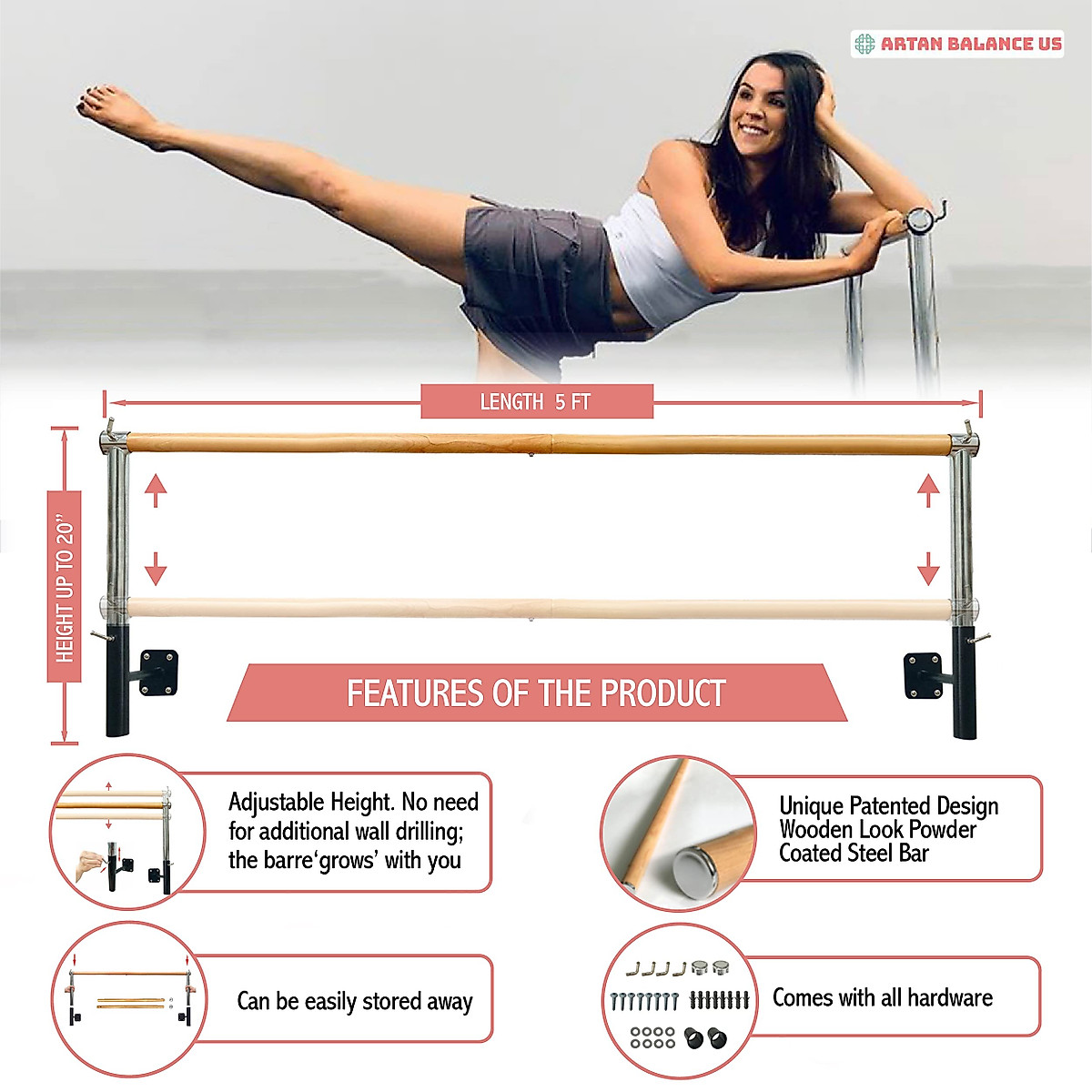 Artan Balance Ballet Barre Wall Mounted for Home or Studio Dance Training, Yoga, Stretching, and Pilates, Adjustable Bar Height, for Kids and Adults, Beginner Friendly, 5 FT Long
