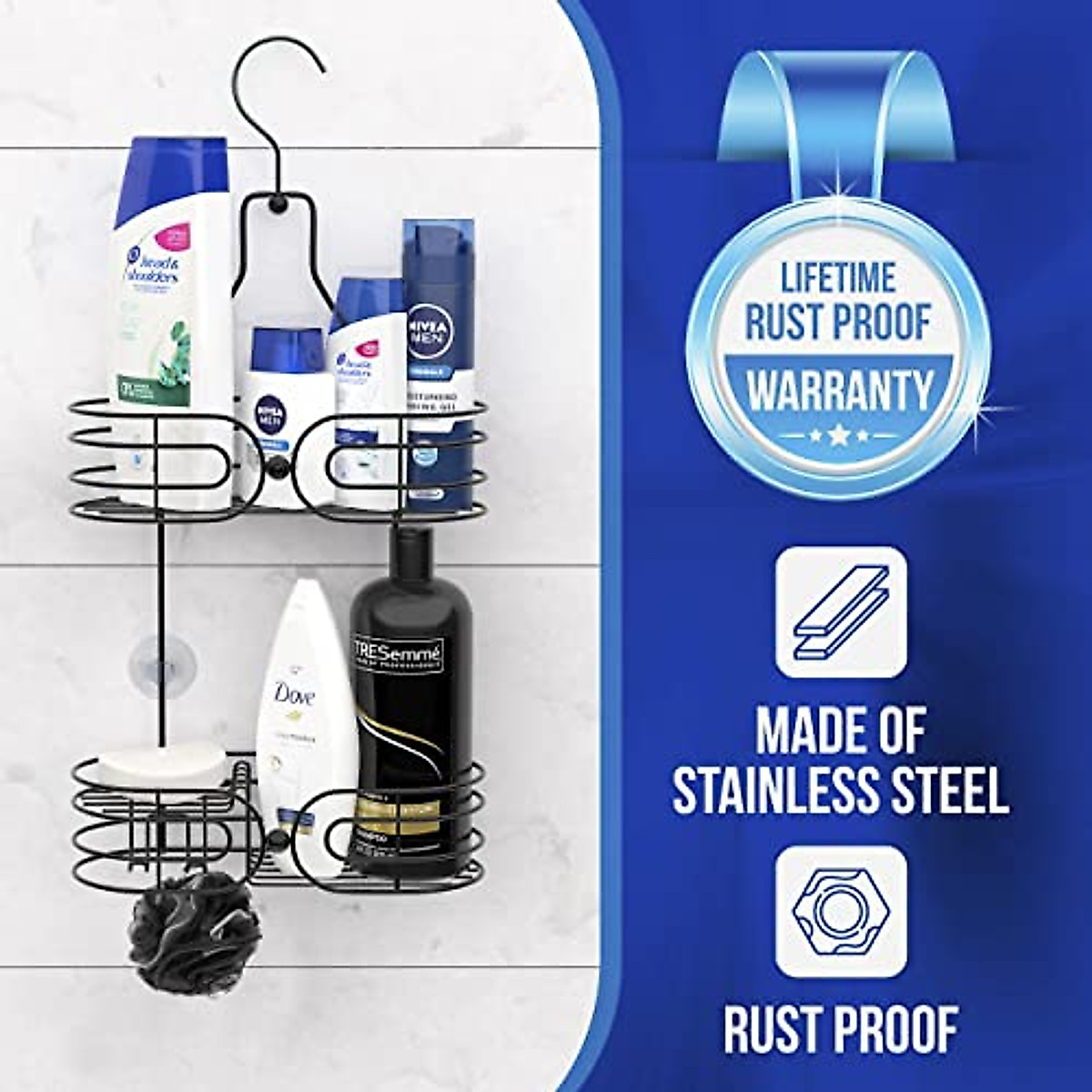 SKATCO Hanging Shower Caddy - 2-Tier Rust-Resistant Stainless Steel Shelves Chrome Rack Organizer Bathroom Basket Storage Holds Shampoo, Conditioner, Soap, Bath Sponge, Razors, Washcloths - BLACK