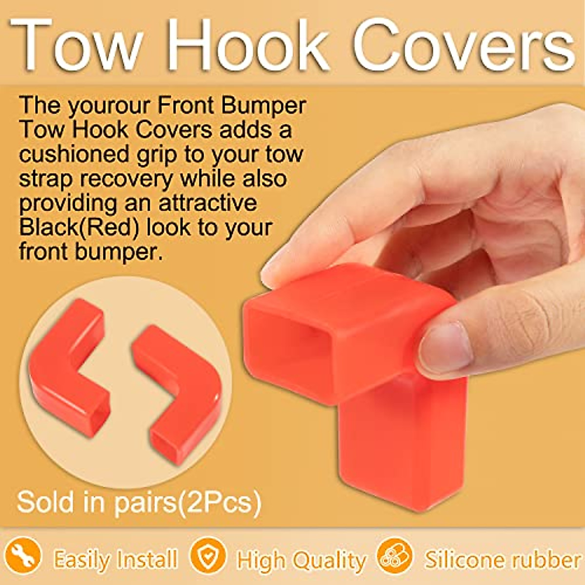 yourour Factory Front Bumper Tow Hook Covers,Fit for Jeep Wrangler JK, JL, Gladiator JT 2007-2022,Add Cushioned Grip to Tow Strap Recovery (Red-2Pcs)