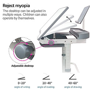 LVYUAN Kids Desk and Chair Set, Height Adjustable Kids Study Desk for Bedroom, Desk for Kids with Tiltable Desktop, 3 Modes Light, Go Back School Desk, Grey