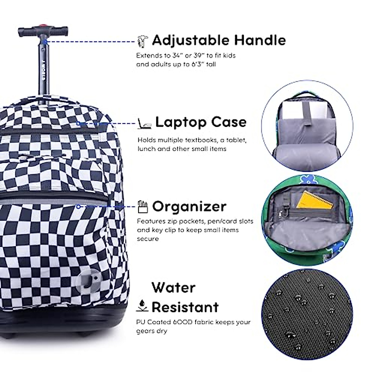 J World New York Sundance Rolling Backpack Girl Boy Roller Bookbag, Wavy Checkers, 20 Inch