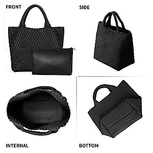 Woven bag for women,Fashion woven tote bag for women,Large vegan soft leather beach travel bag & purse,handmade shoulder bag (Black)