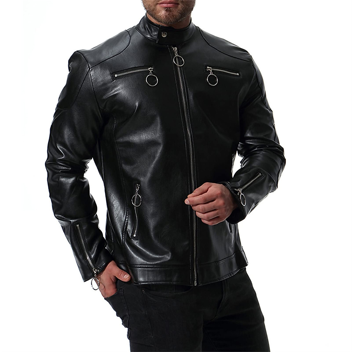 Maiyifu-GJ Men's Casual Faux Leather Jacket Stand Collar Retro Motorcycle Jacket Long Sleeve Zip Up Coat with Zipper Pockets (Black,Large)