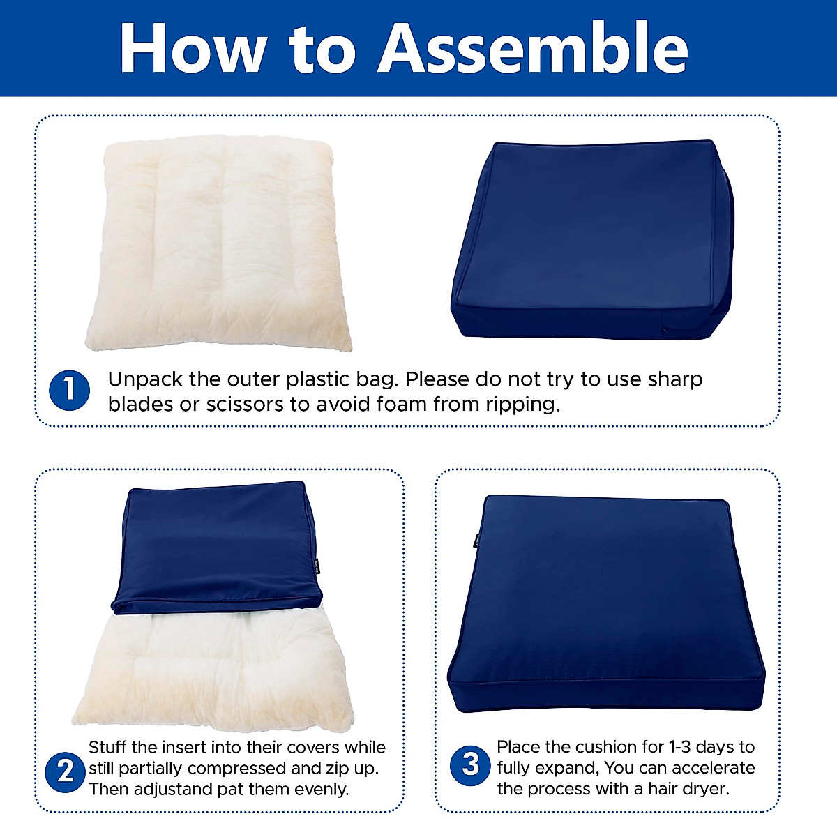 Comcaver 3 Pack Outdoor Cushions Set for Rattan Chair Wicker Sofa, Waterproof Patio Cushions Set for 4 Pieces Seater Outdoor Furniture Conversation, Navy