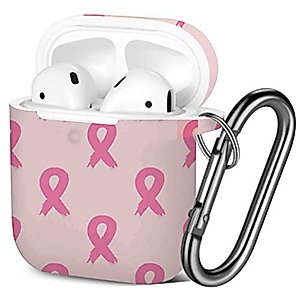 [ Compatible with AirPods 2 and 1 ] Shockproof Soft TPU Gel Case Cover with Keychain Carabiner for Apple AirPods (Breast Cancer Awareness Ribbon)